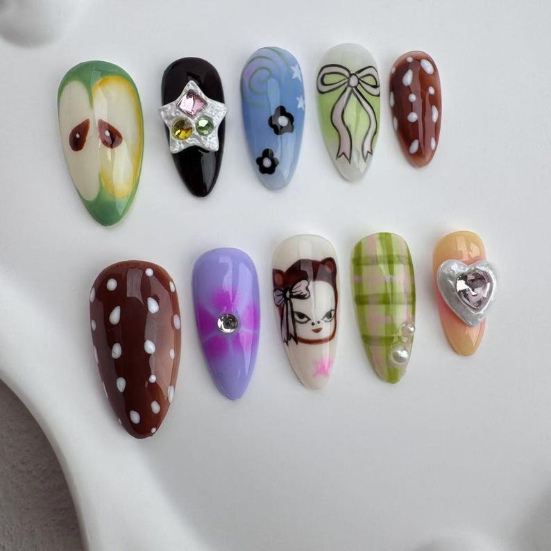 Custom Party Nails/3d Floral Almond Press on Nails/glitter Nails ...