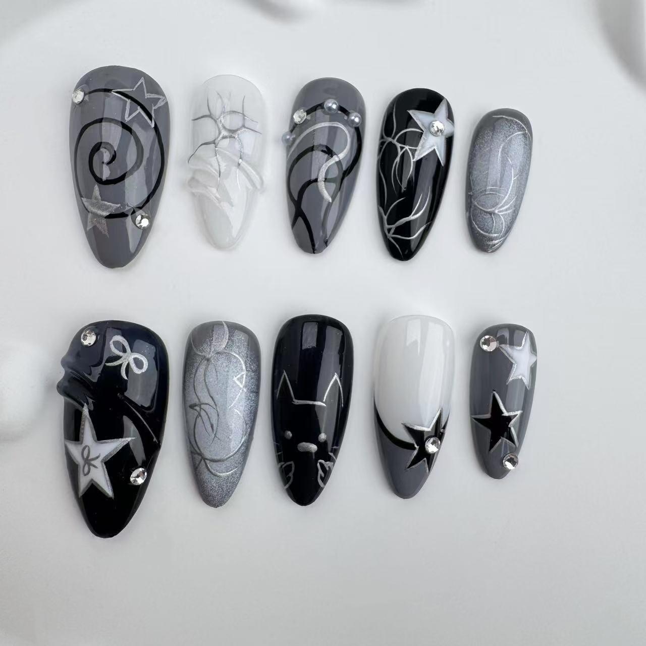 Handmade Black & Silver Press on Nails - Long Almond, Party Nails - Etsy
