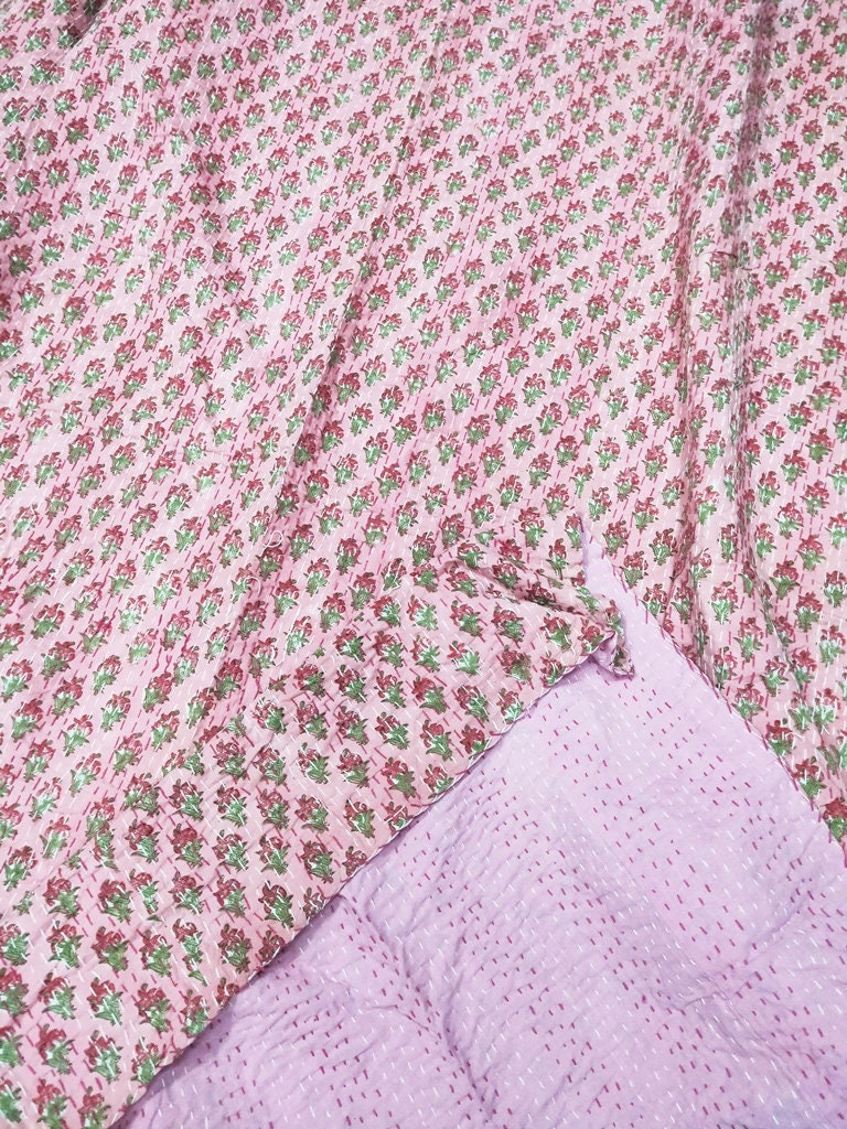 Indian Pink Twin/king/ Queen Block Print Kantha Quilt Throw Bedsheet ...