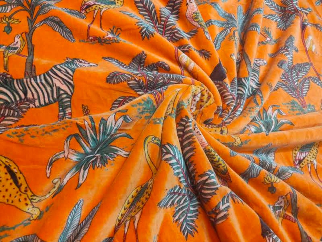 Velvet Fabric Orange Velvet Fabric Indian Fabric Pink Color Printed ...
