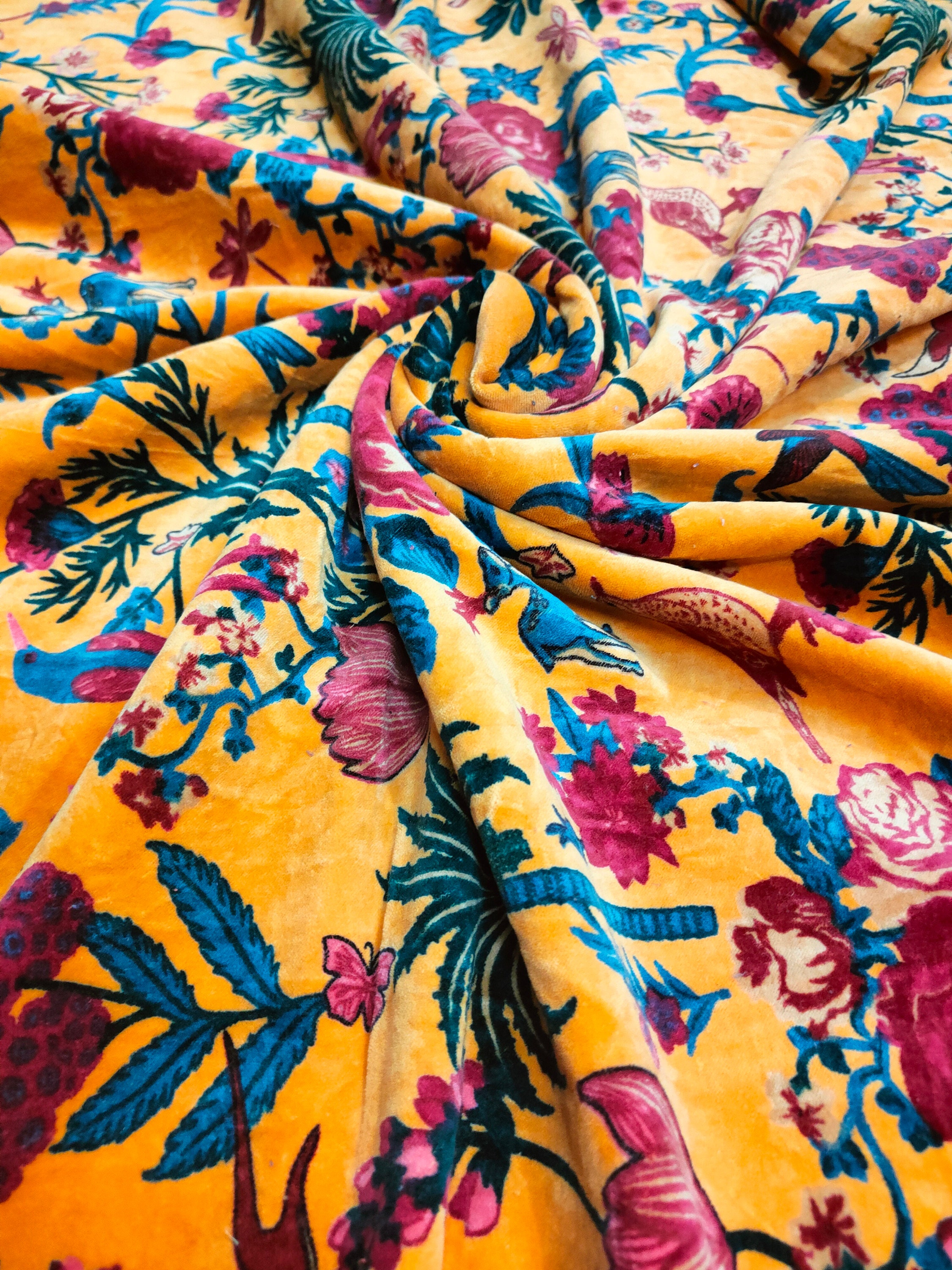 Floral Printed Cotton Velvet Fabric, Velvet Curtain Fabric by the Yard ...