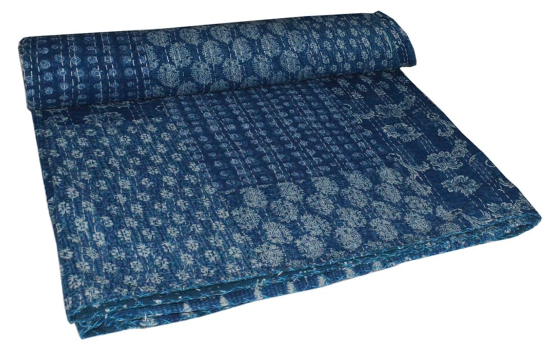 Indian Kantha Indigo Blue Quilt Kantha Bedspread Bedding Bedcover Throw ...