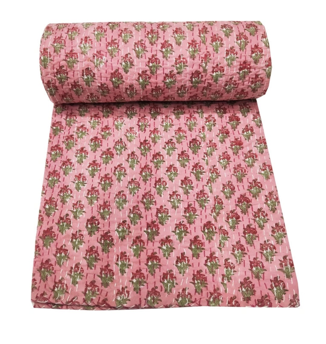 Indian Pink Twin/king/ Queen Block Print Kantha Quilt Throw Bedsheet ...