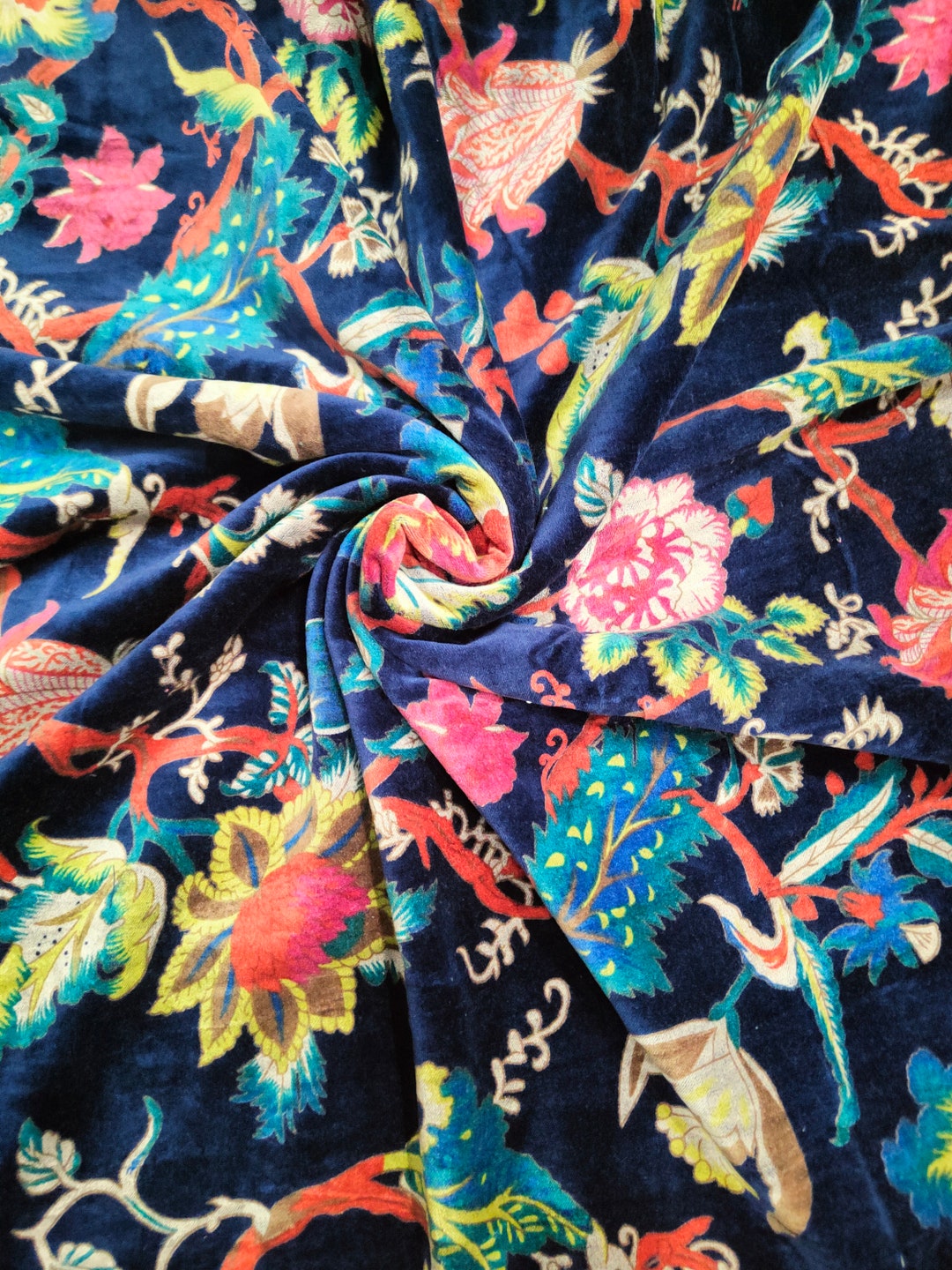 Indian Velvet Fabric, Blue Floral Hand Print, Fabric by the Yard, 44 ...