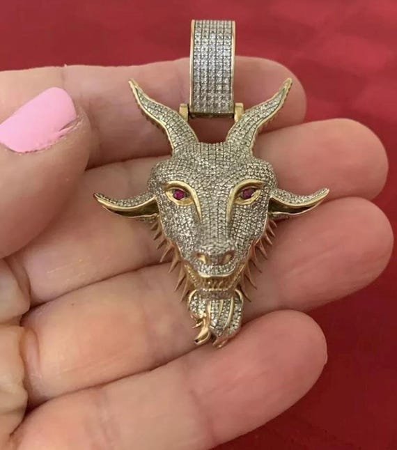 10k Yellow Gold Pave Diamond Red Ruby Eye “Billy Goat… - Gem