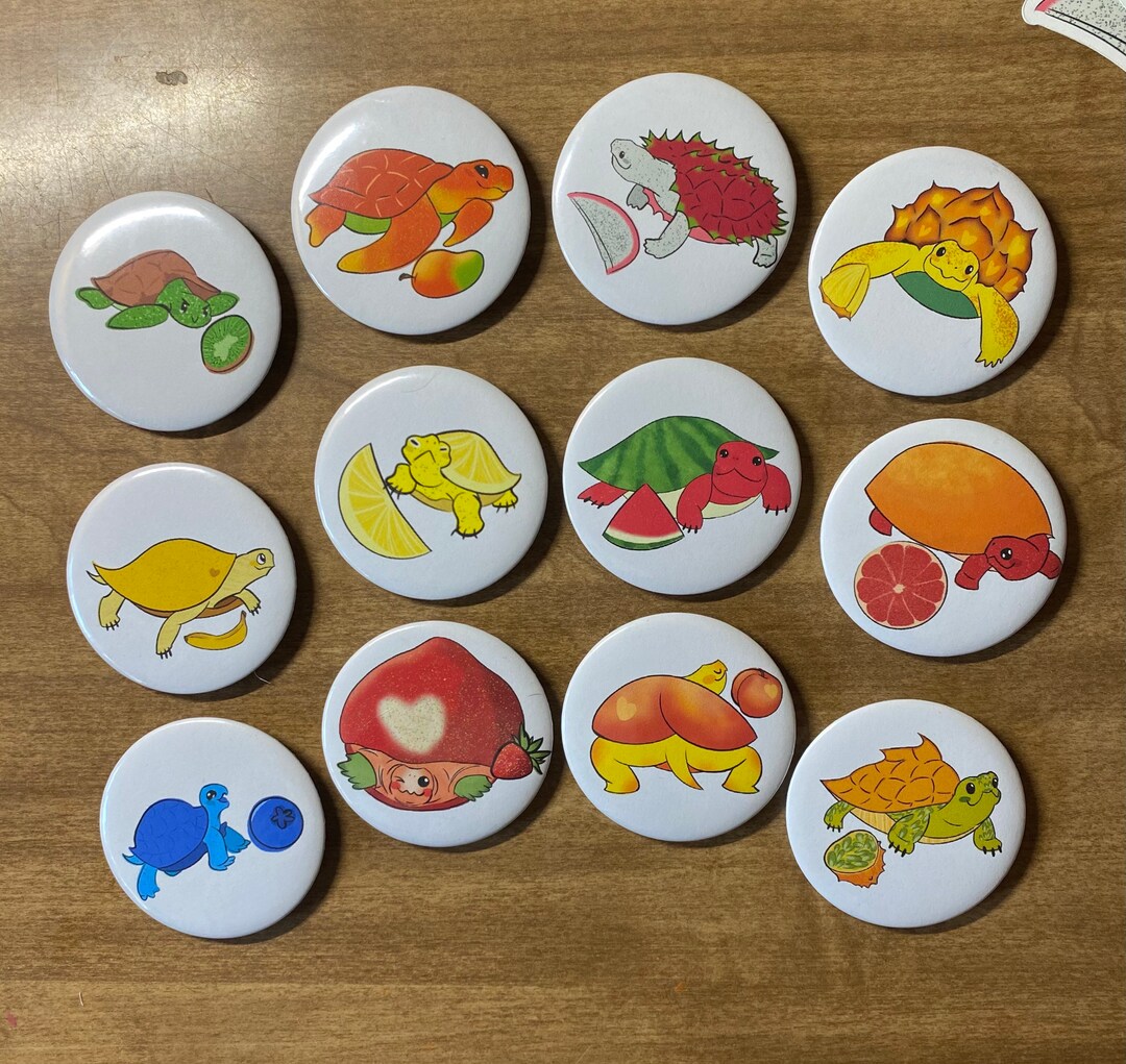 Obst Schildkröte Button Anstecker 58mm Kiwi, Pfirsich, Ananas und mehr ...