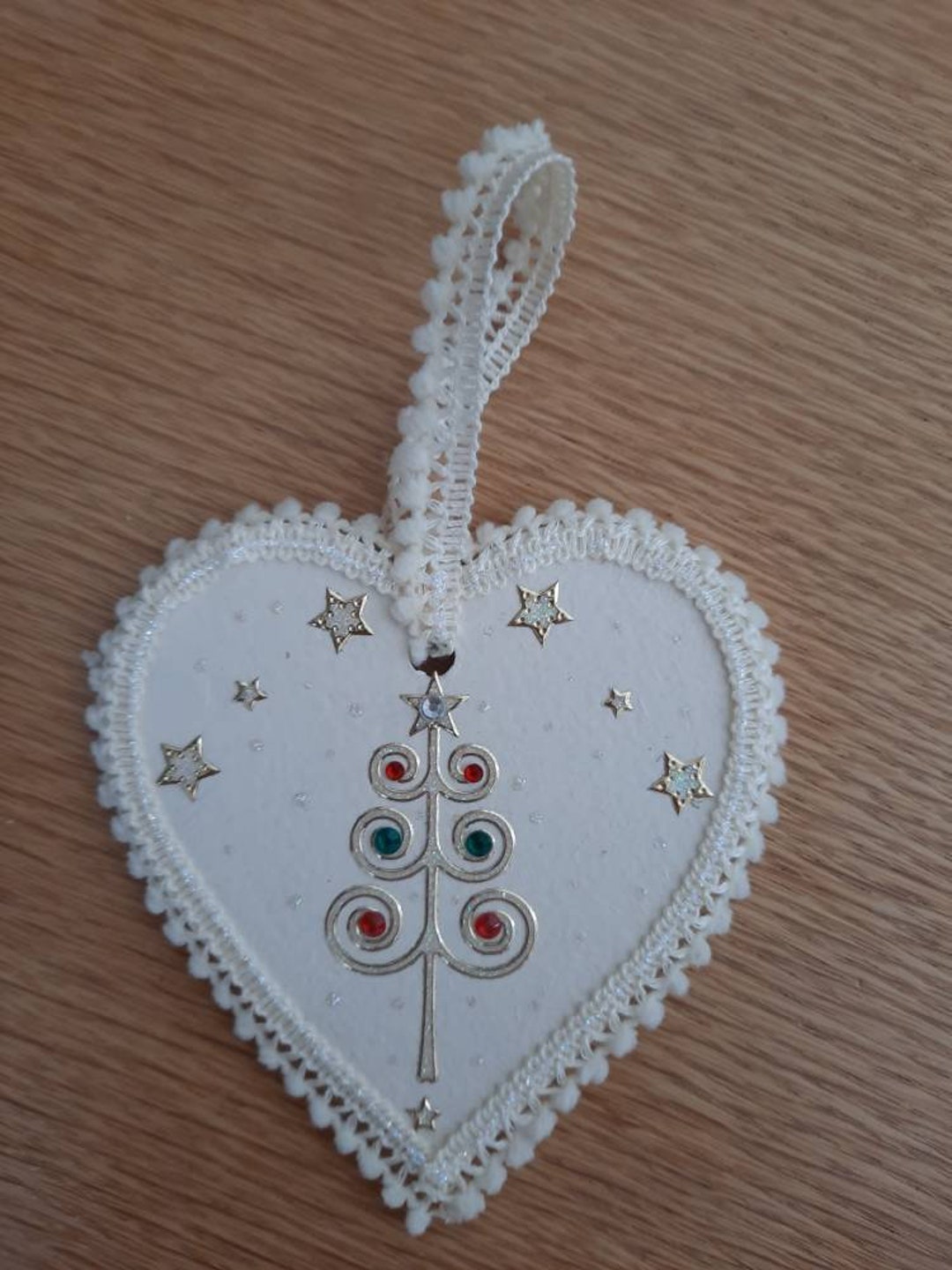 Handmade Christmas Heart Ornament: MDF Wood With Lace Trim - Etsy