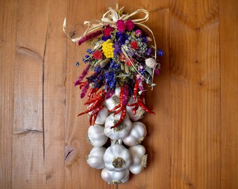 Organic Garlic Braid Decorated With Herbs and Flowers. Home Blessing ...
