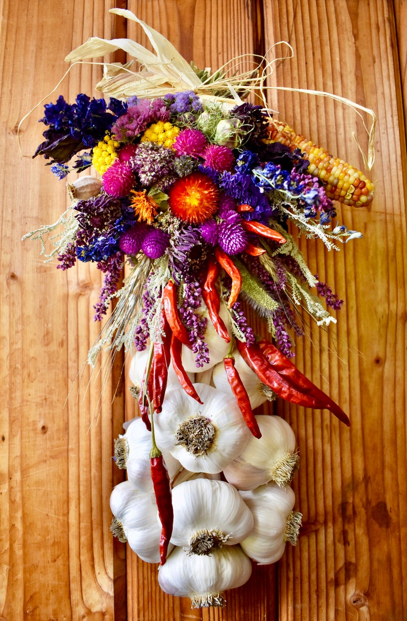 Garlic and Chili Braid Decorated, Organic, Kitchen Decor, Wall Hanging ...