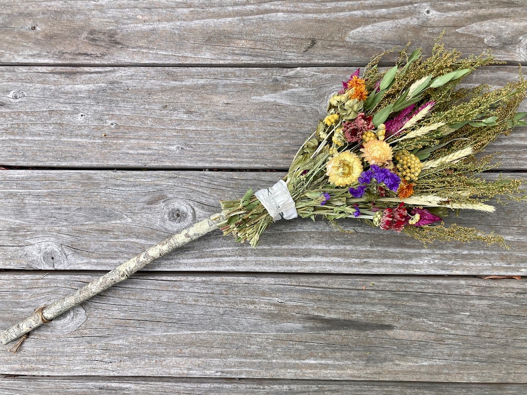 Jewel Toned Floral Broom, 30 In, Besom Stick for Good Tidings, House ...