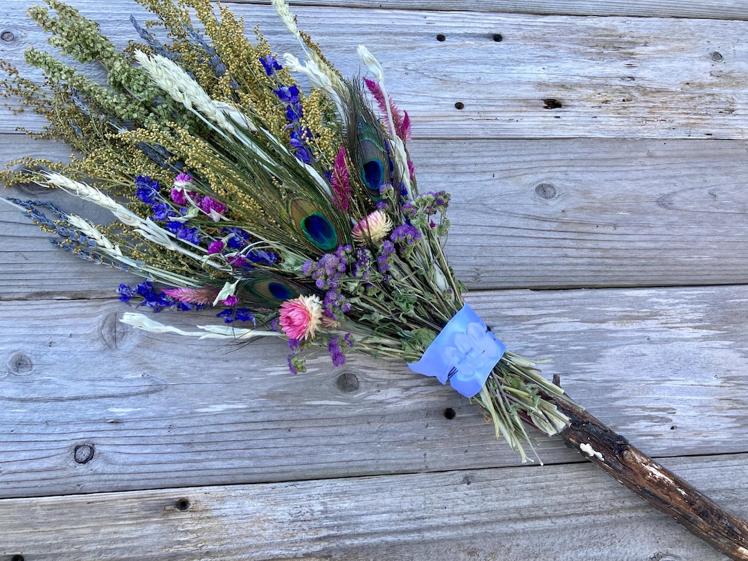 Peacock Feather Floral Broom, 30 In, Besom Stick for Good Tidings ...