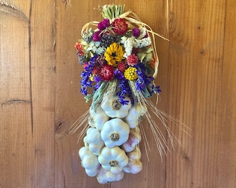 Organic Garlic Braid Decorated With Herbs and Flowers. Home Blessing ...