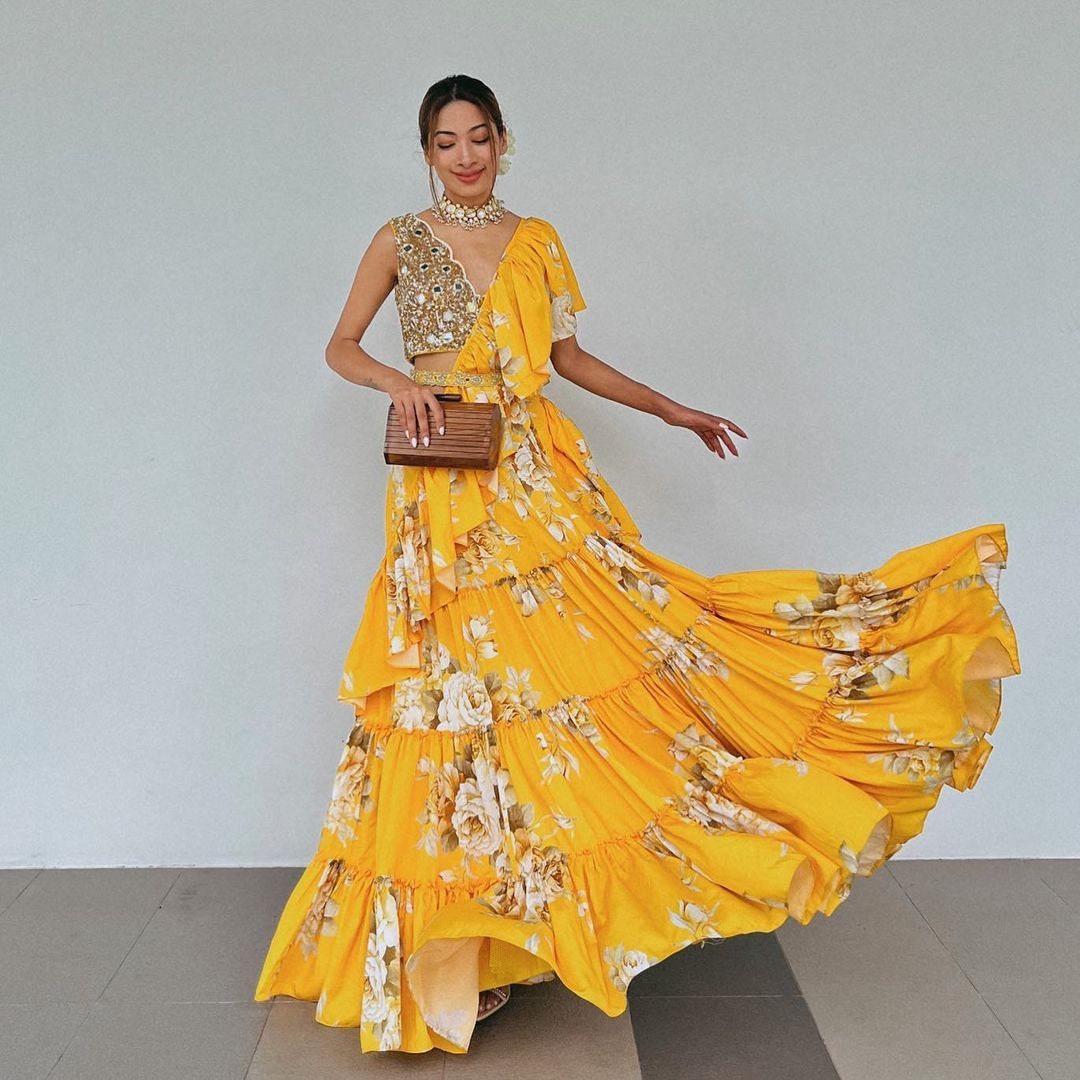 Yellow Floral Ruffle Lengha. Ready to Wear Half Saree. Sabyasachi ...