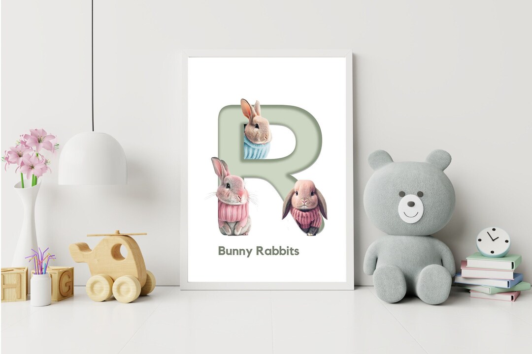 Cute Bunny Rabbits Poster Art , Educational Animal Word Art, Nursery ...