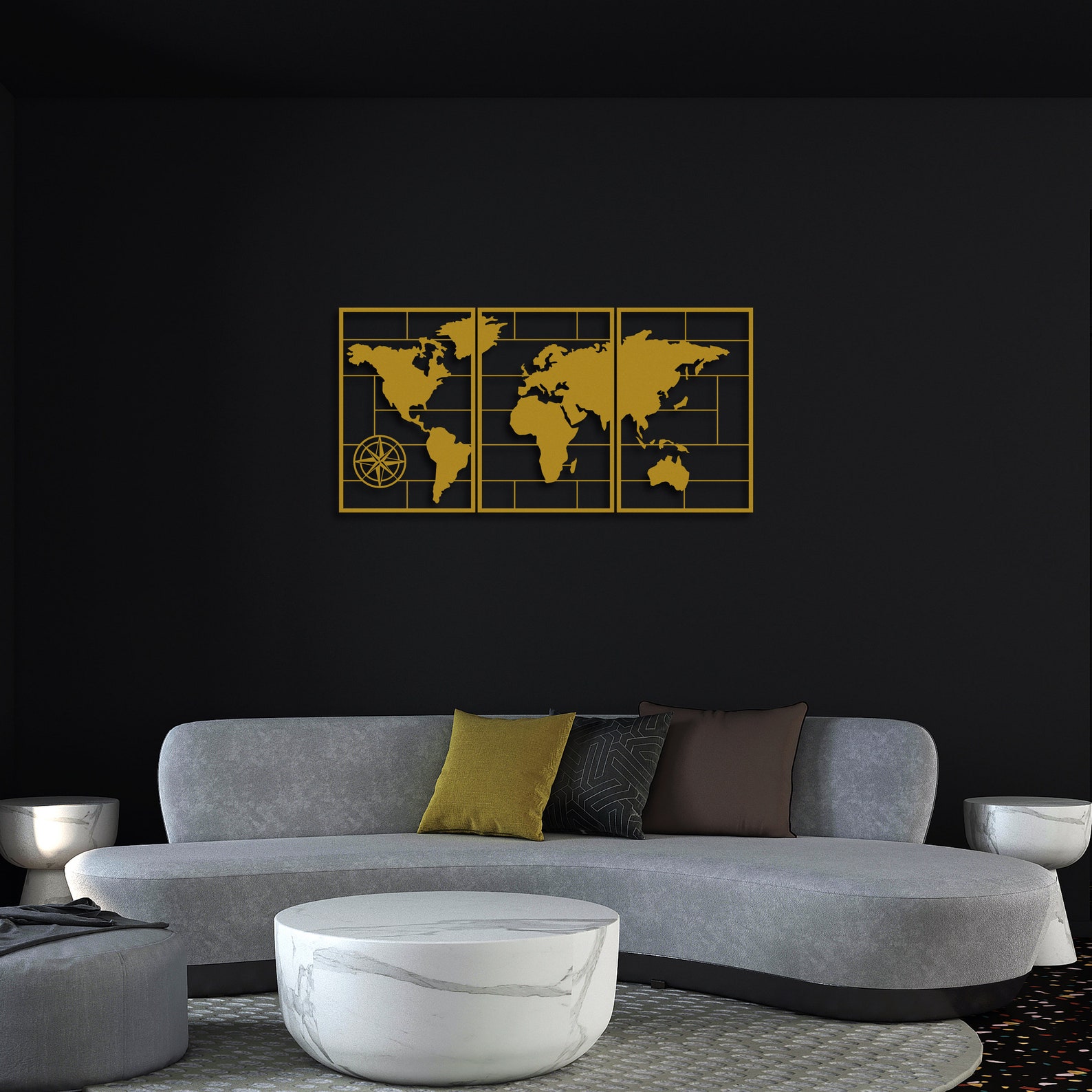 World Map Compass Metal Wall Decor: 3D World Map, Metal Art Work; World ...