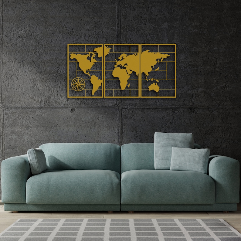 World Map Compass Metal Wall Decor: 3D World Map, Metal Art Work; World ...