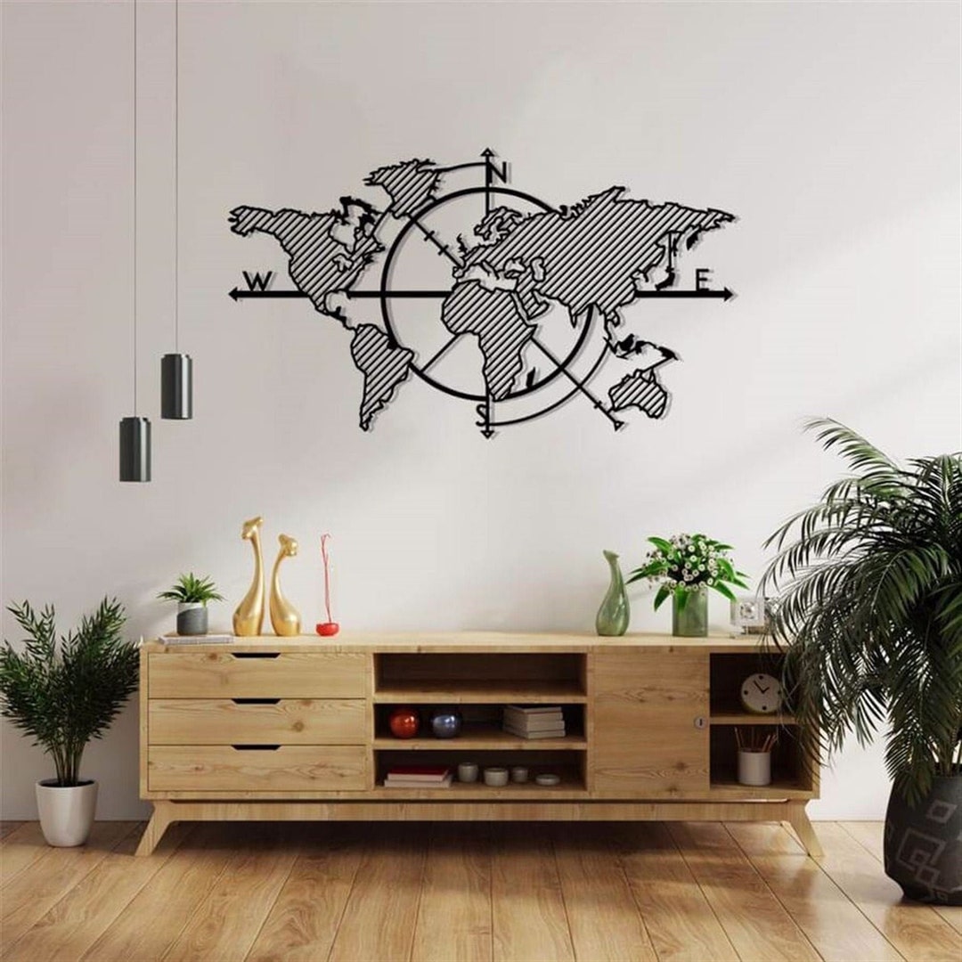 Metal World Map Compass, Metal Wall Decor, Art Work, World Map Wall Art ...