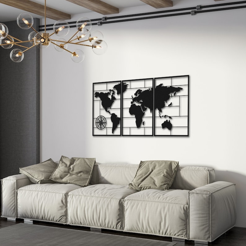 World Map Compass Metal Wall Decor: 3D World Map, Metal Art Work; World ...