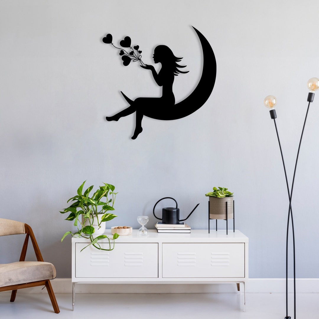 Girl on Moon Metal Wall Art: Laser Cut Crescent Moon Decor - Etsy