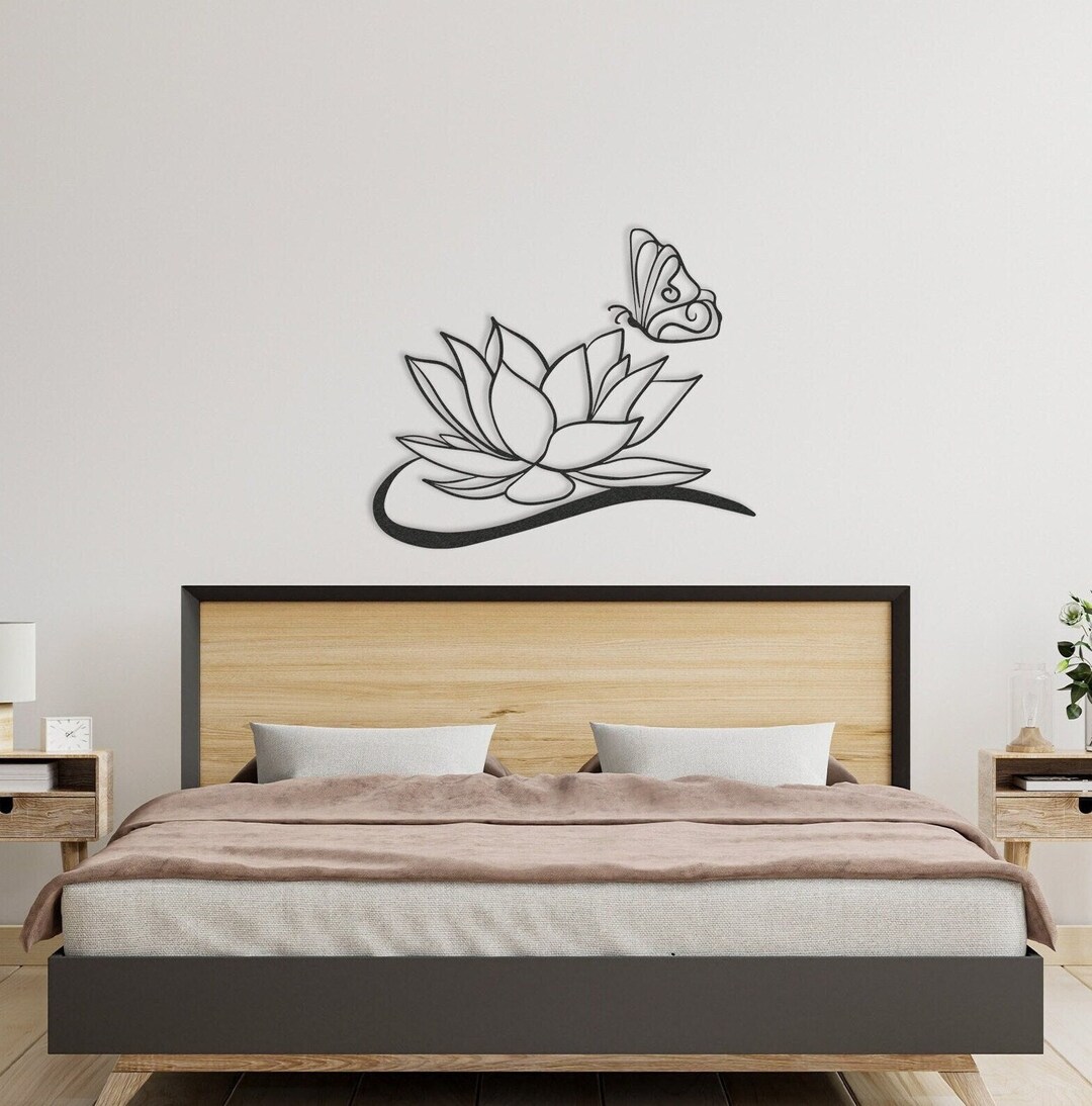 Butterfly and Lotus Metal Wall Art: Natural Minimalist Line Decor - Etsy