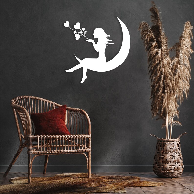 Girl on Moon Metal Wall Art: Laser Cut Crescent Moon Decor - Etsy