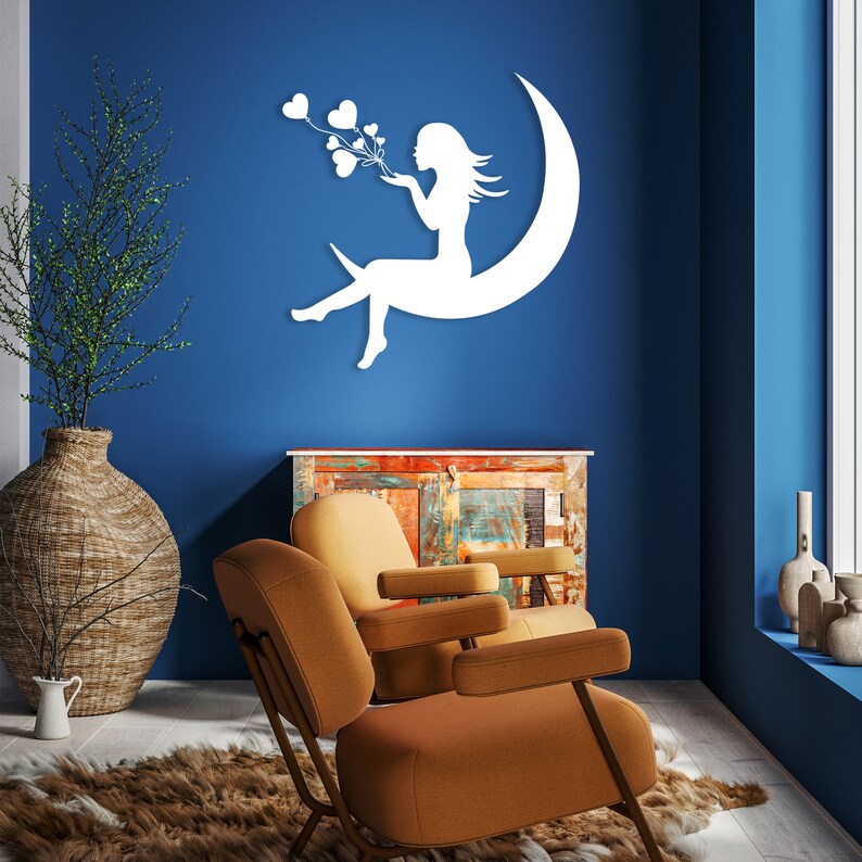 Girl on Moon Metal Wall Art: Laser Cut Crescent Moon Decor - Etsy