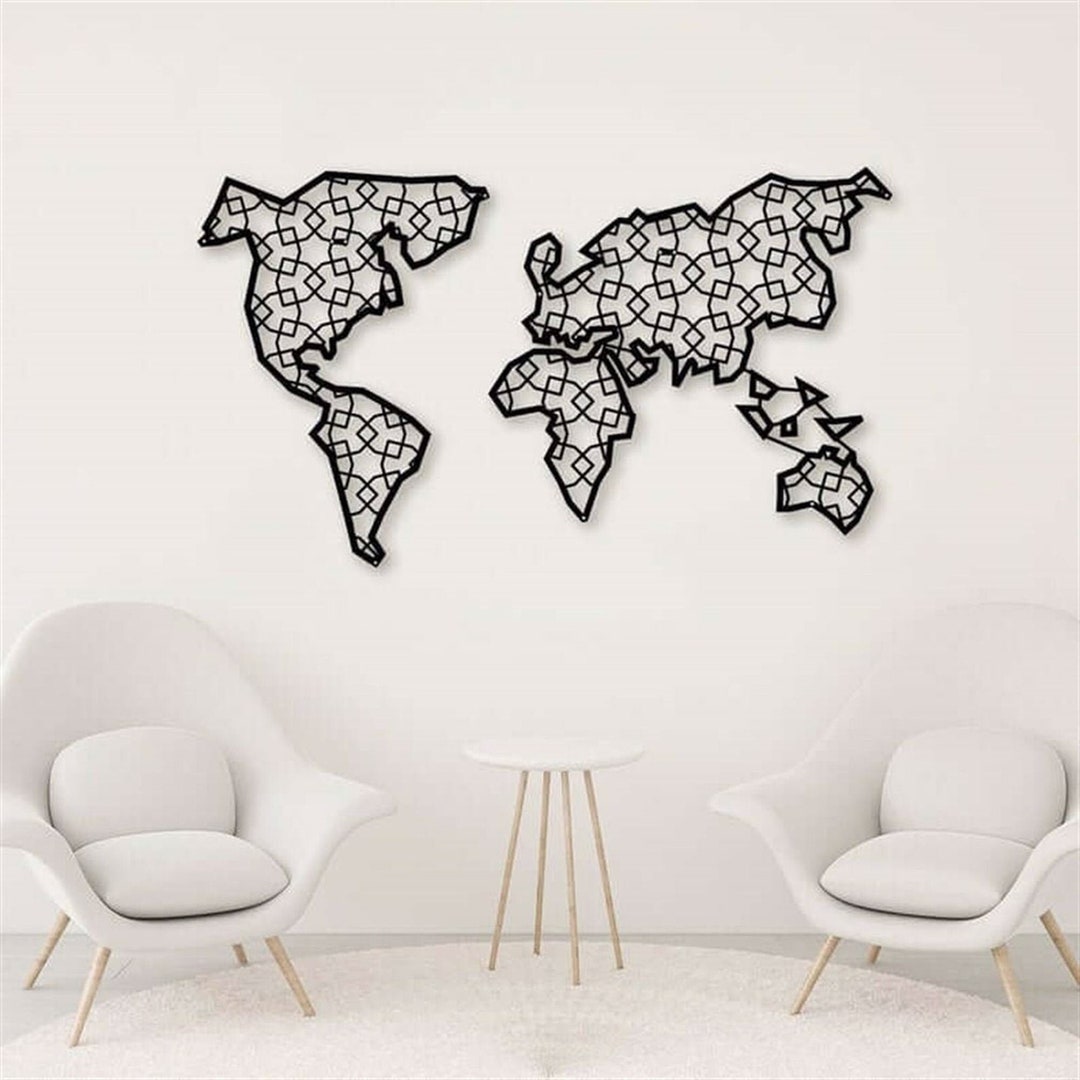 Metal World Map Wall Art - 2 Pieces Geometric World Map Decor, Metal ...