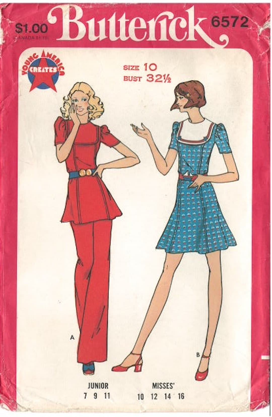 Butterick 6572 Rare Vintage 70s Young America Bib Collar Dress Tunic ...