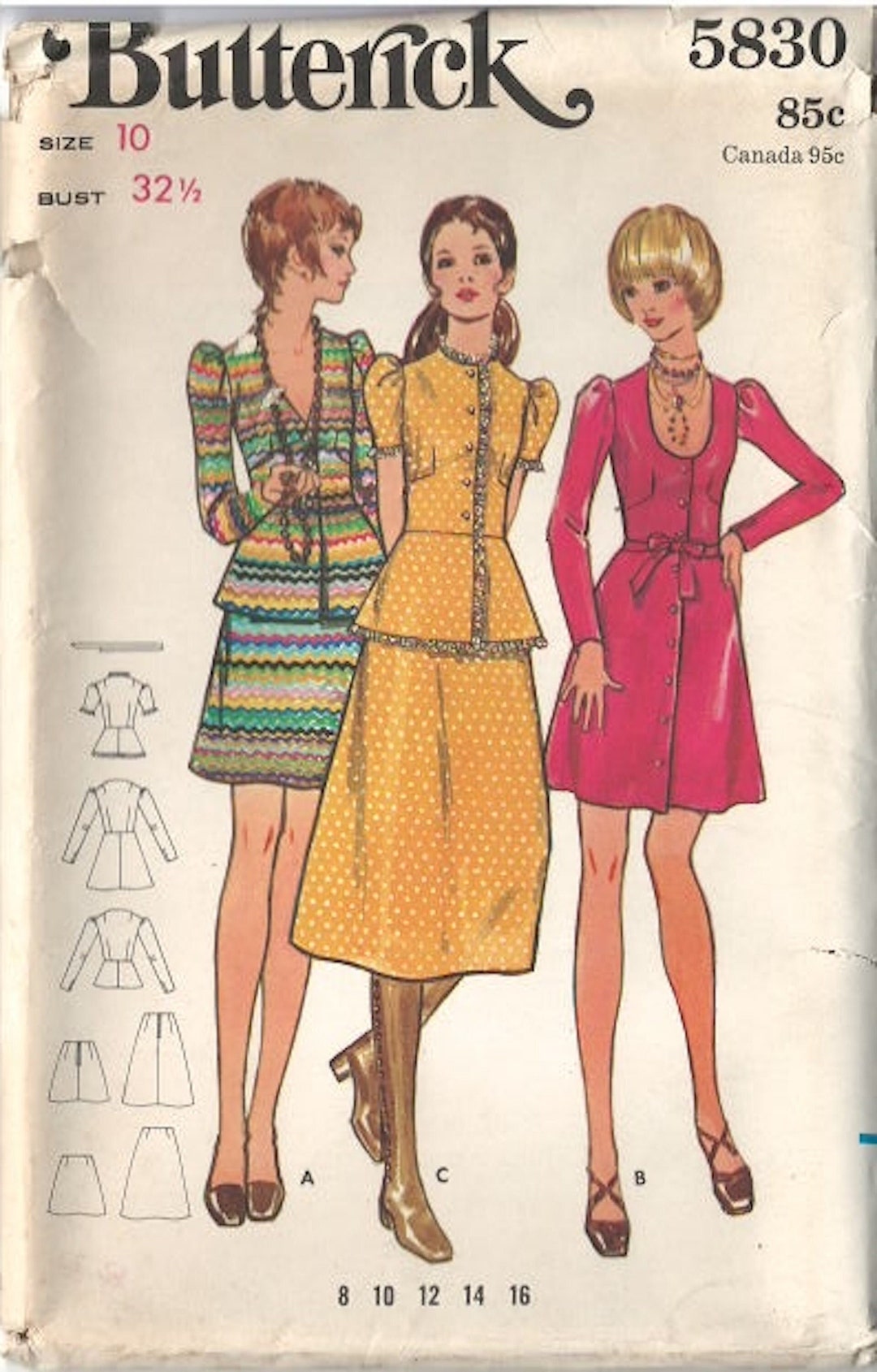 Vintage 1970s Butterick 5830 Front Button Dress, Top With Peplum and ...