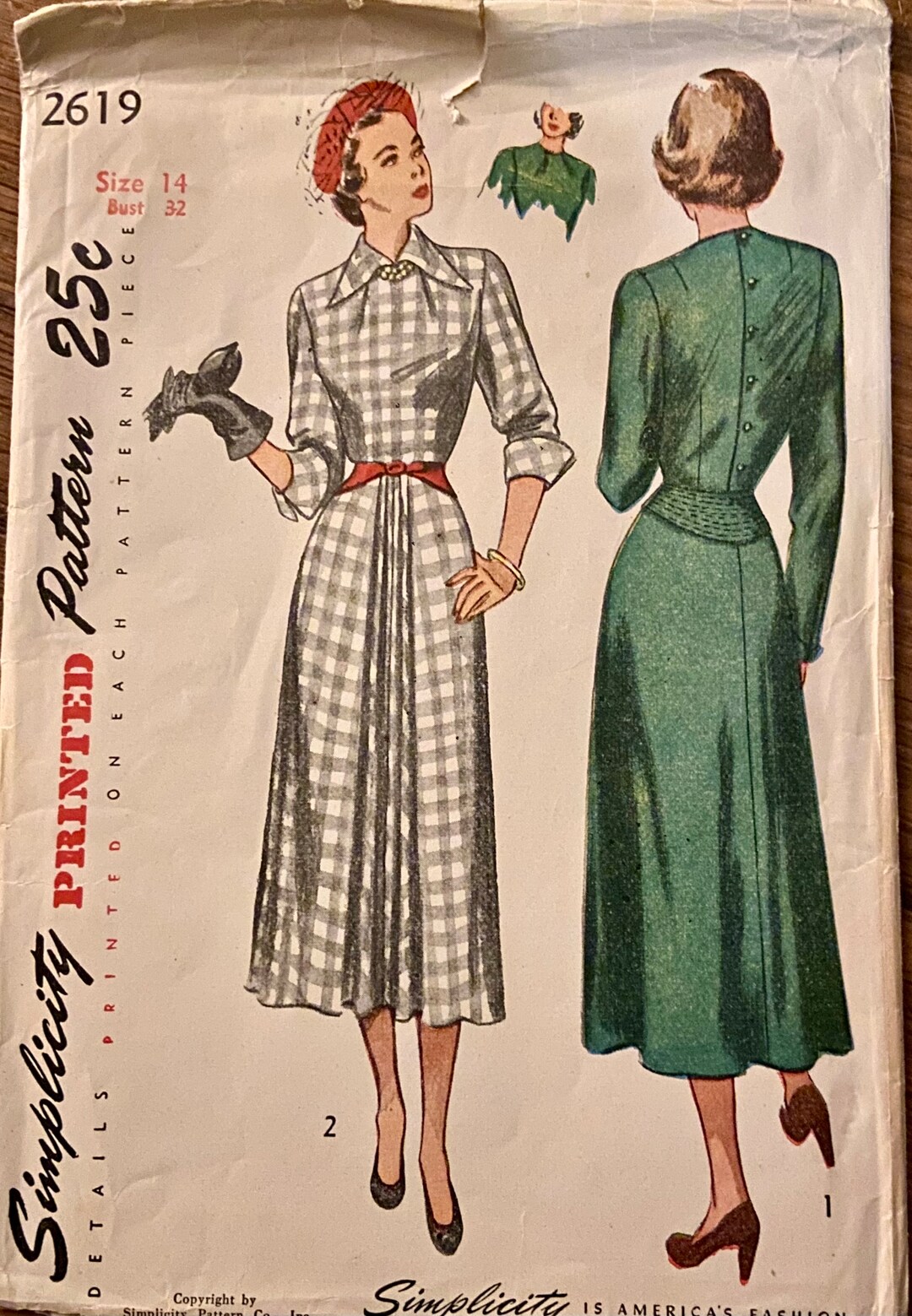 Simplicity 2619 Vintage 1948 Sewing Pattern One-piece Dress Dart Fitted ...