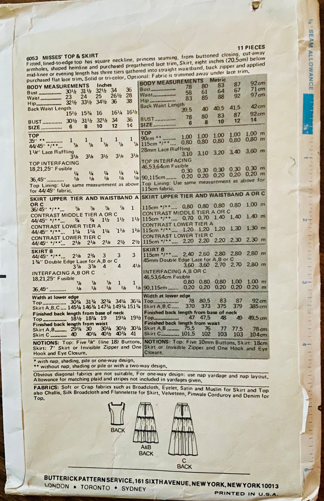 Butterick 6053 Vintage 1978 Pattern Misses Cottagecore Prairie Style ...