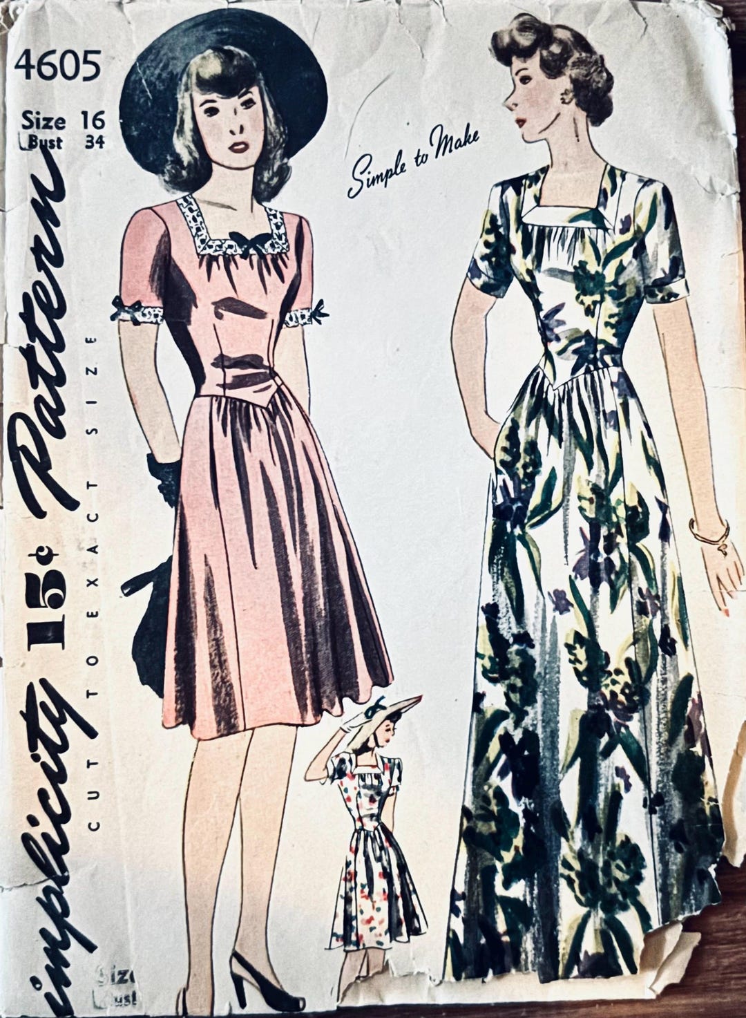 Simplicity 4605 Original 1940’s Vintage Sewing Pattern Daytime and ...