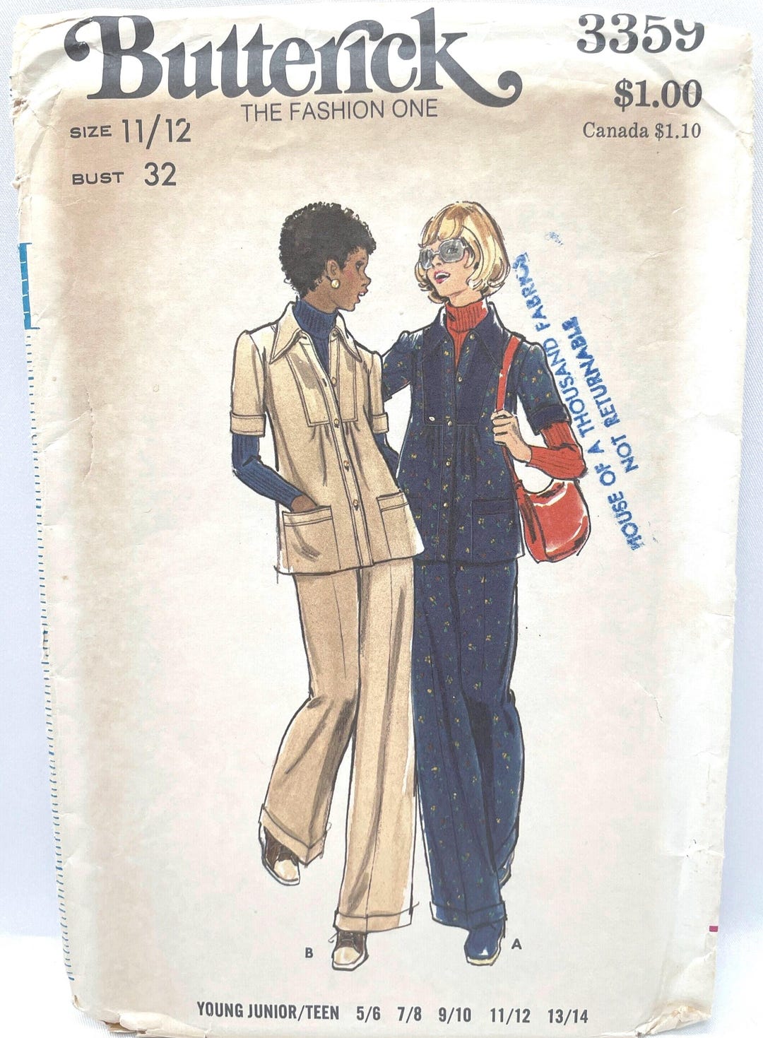 70s Shirt and Pants Sewing Pattern: Butterick 3359, Bust 32, Size 11/12 ...