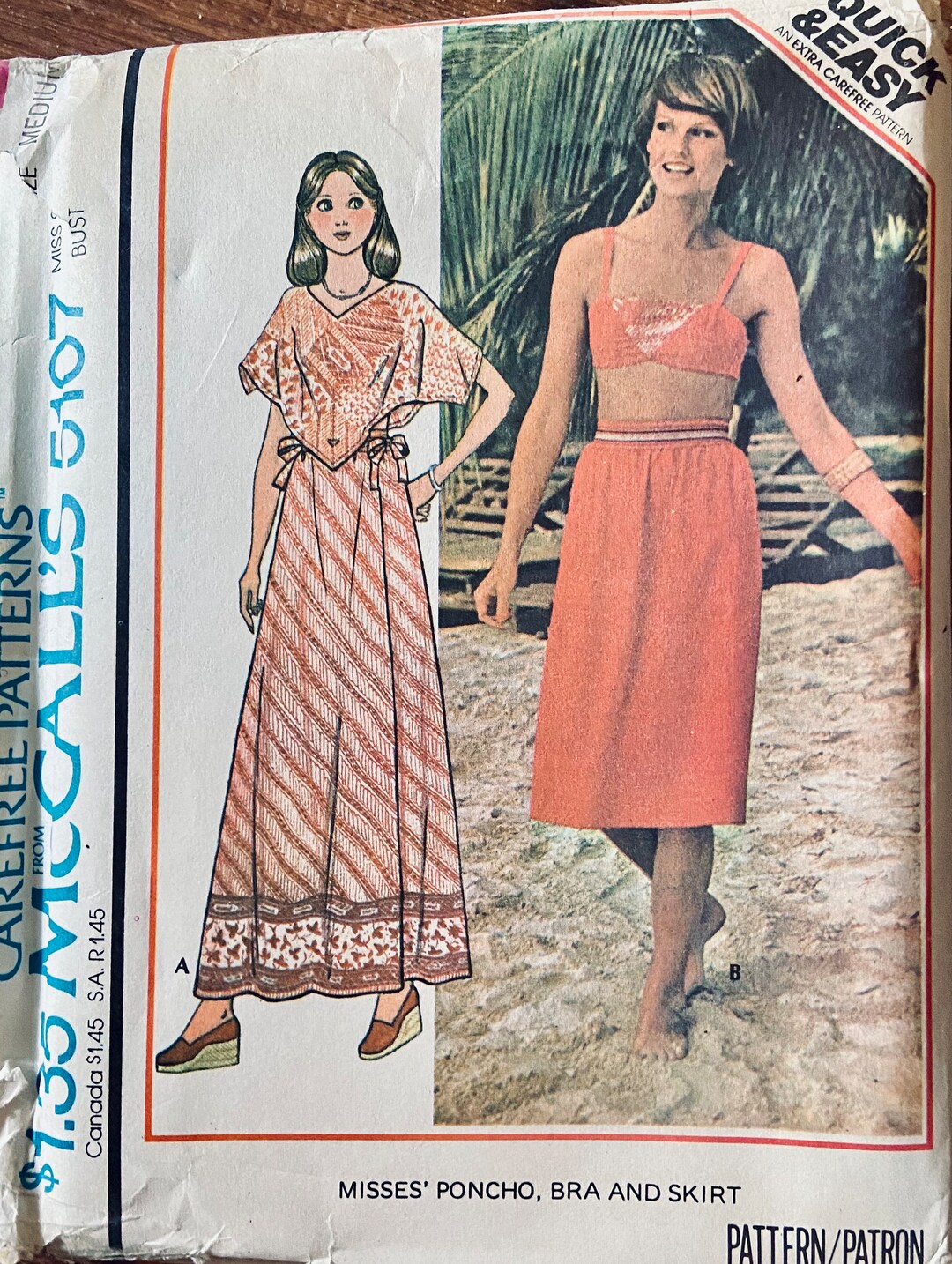 Mccall’s 5107 Original Vintage 1976 Sewing Pattern Misses’ Poncho Bra ...