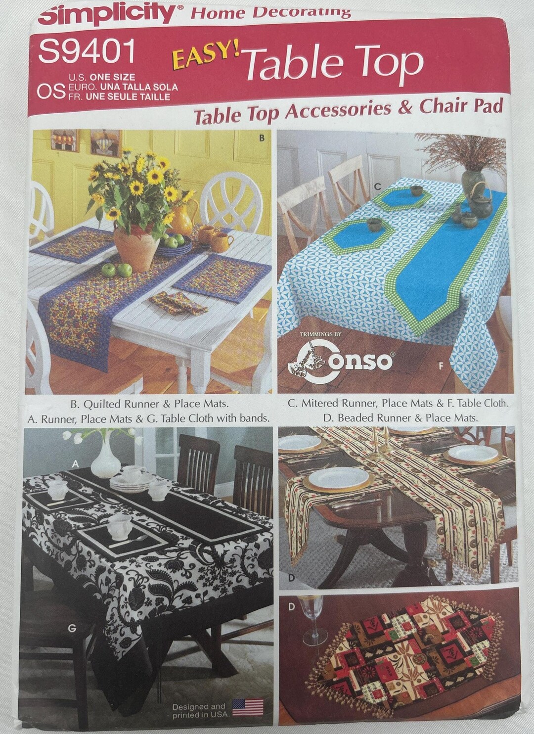 Simplicity 9401 Tabletop Accessories and Chair Pad Sewing Patter Uncut ...