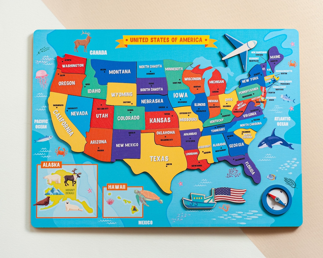 Wood USA Map for Kids, USA Map Puzzle, Gift for Kids, Montessori Toys ...