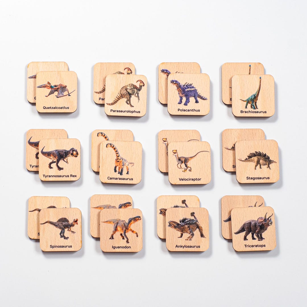 Dinosaurs Matching Cards, Learning Dino Flashcards, Wooden Memory Game ...