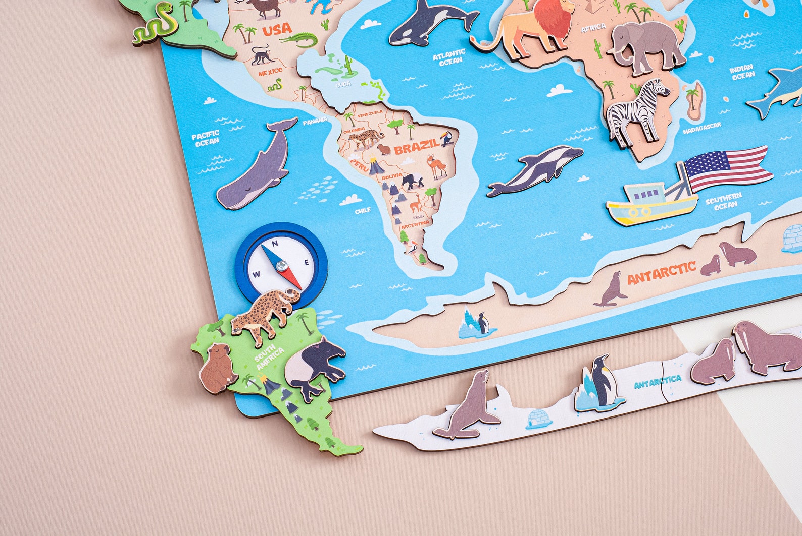 Kids Educational Wood Toys Big World Map Puzzle With - Etsy