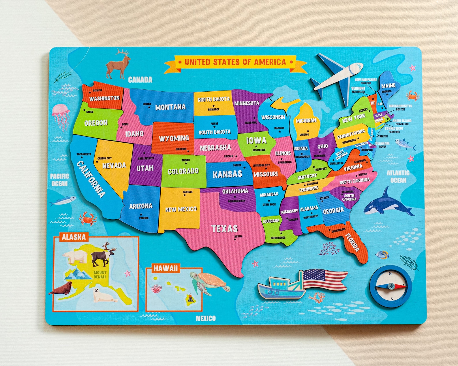 Preschool Gift for Kids, Wooden USA Map Puzzle for Toddlers, Geography ...