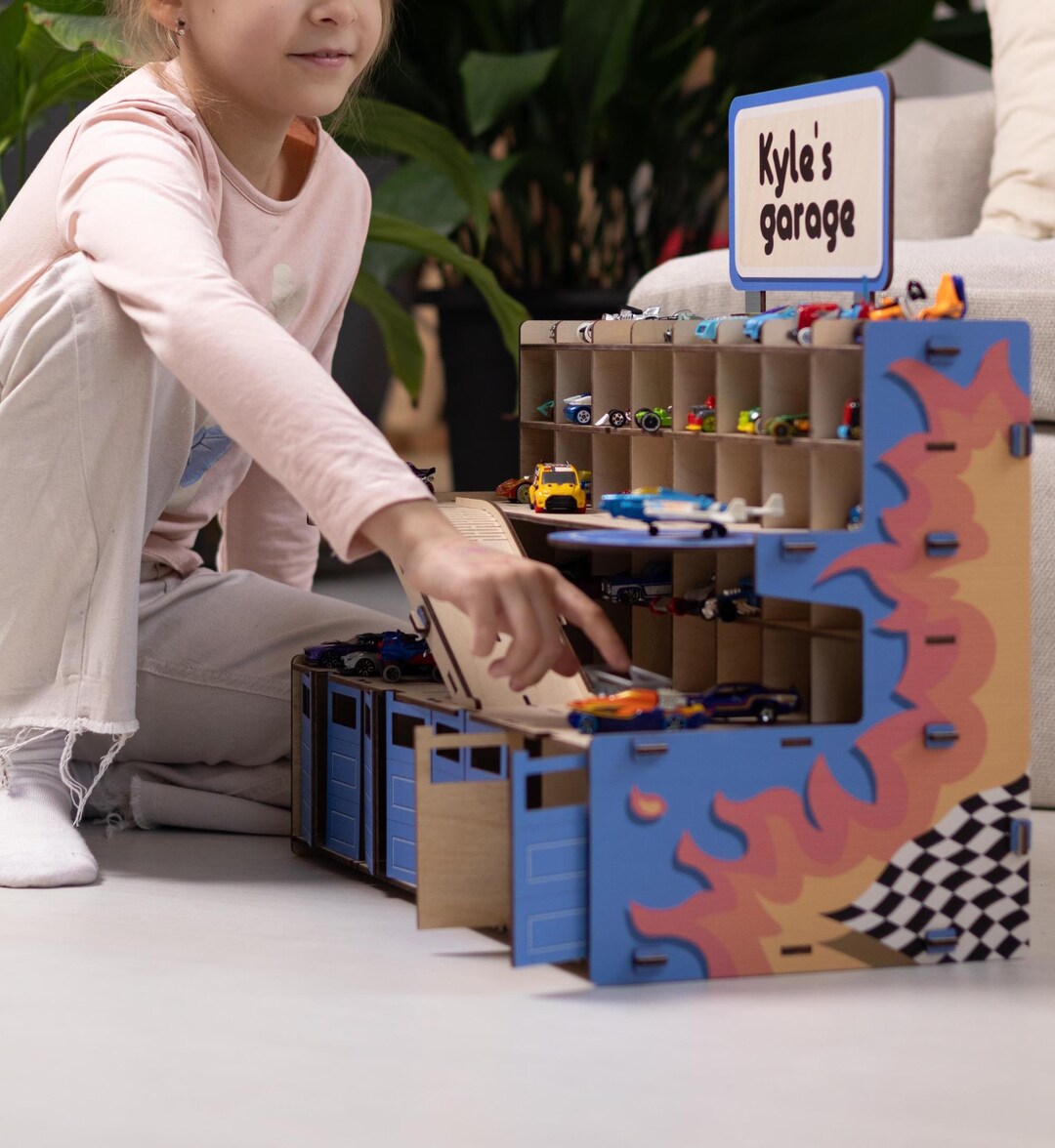 Wooden Toy Garage for Kids, Car Parking Organizer With Name, Wooden ...