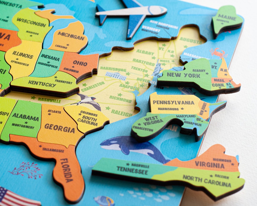 Kids USA Map, Montessori Toys 2 Year Old Gift for Kids, Wooden Puzzle ...