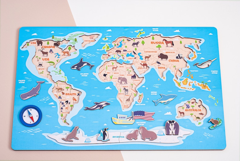 Kids Educational Wood Toys Big World Map Puzzle With - Etsy