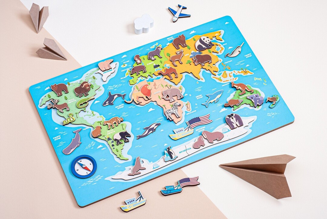World Map Puzzle With Animals, Continental World Map, Preschool ...