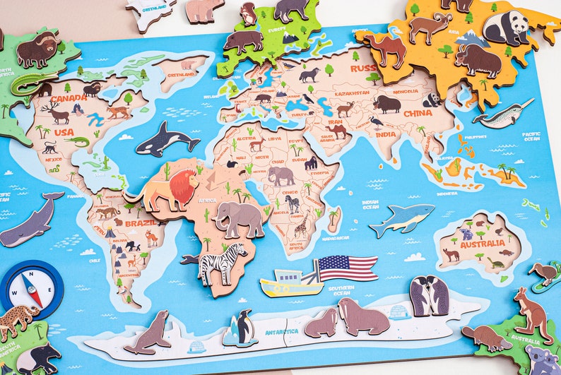 Kids Educational Wood Toys Big World Map Puzzle With - Etsy