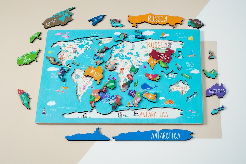 Geography Continents Puzzle for Kids, Wooden World Map Busy Board ...