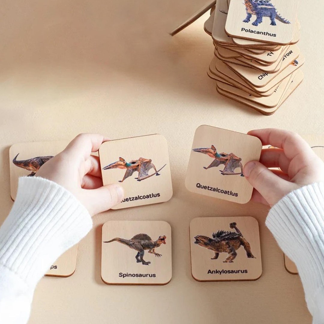 Dinosaurs Matching Cards, Learning Dino Flashcards, Wooden Memory Cards ...