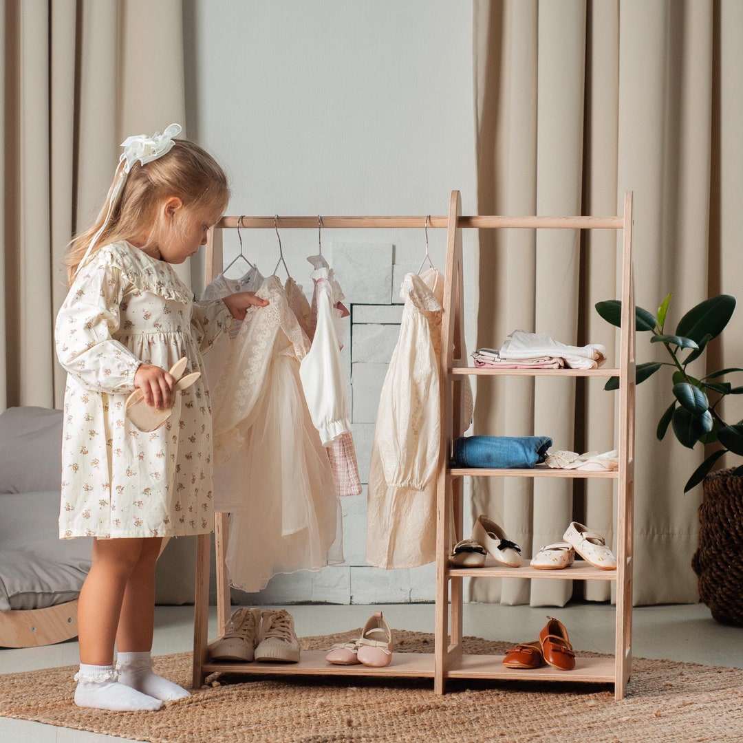 Children Wardrobe, Montessori Clothing Rack, Wooden Clothing Rack, Kids ...