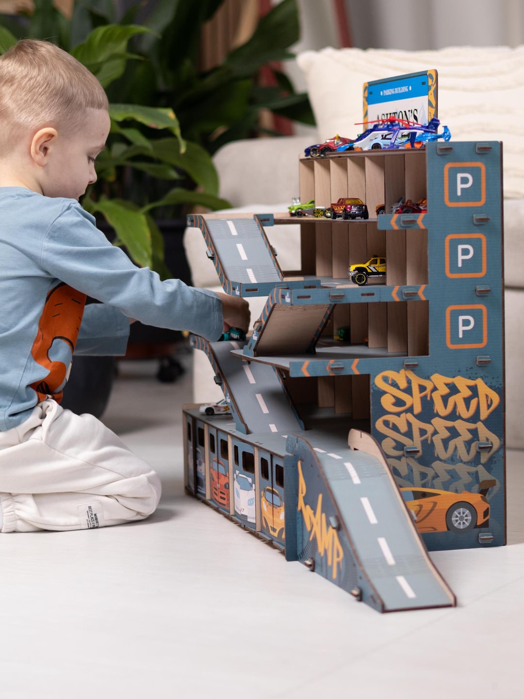 Wooden Parking Garage for Boys, Toy Car Jump Ramp, Personalized Garage ...