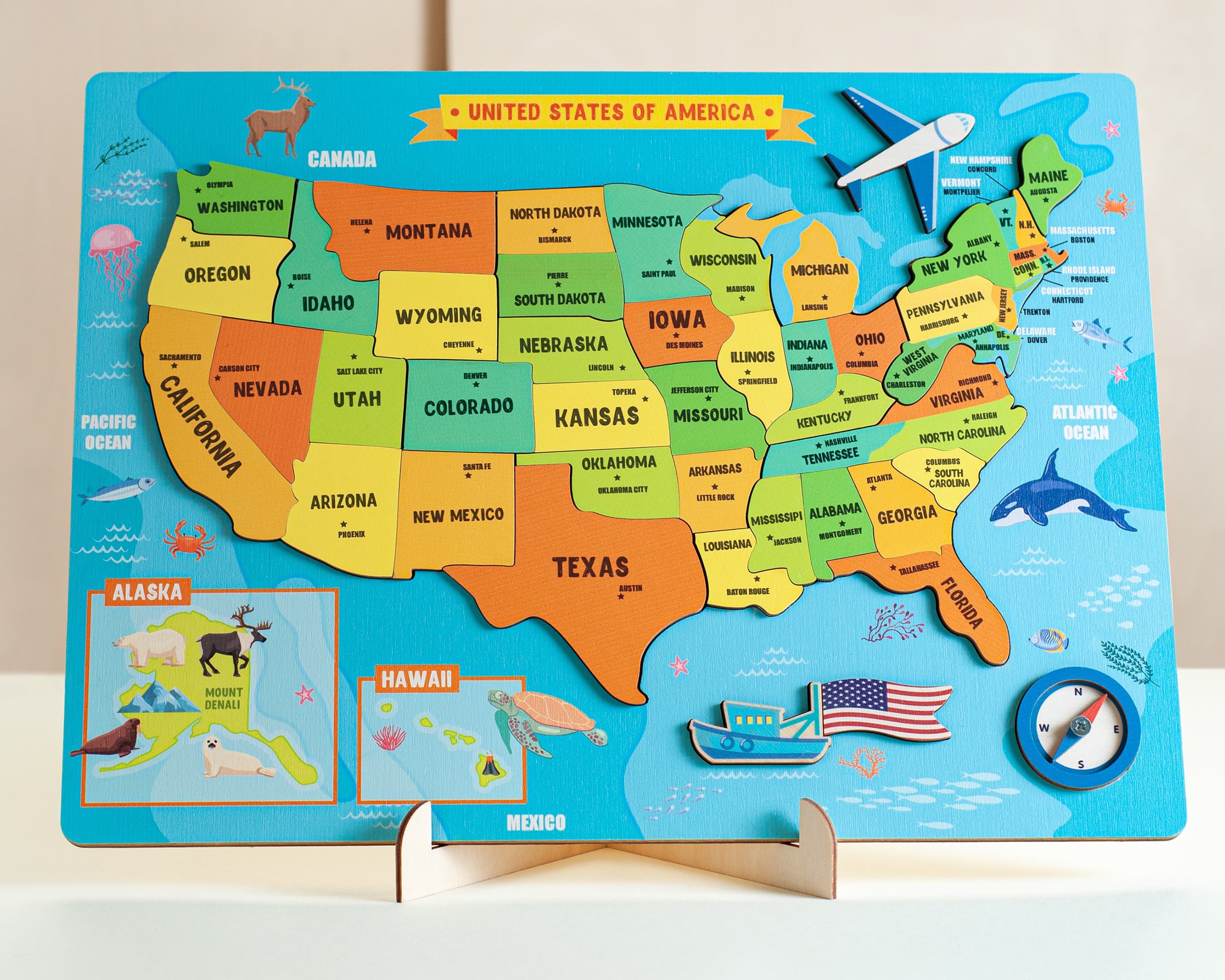 Kids USA Map, Montessori Toys 2 Year Old Gift for Kids, Wooden Puzzle ...