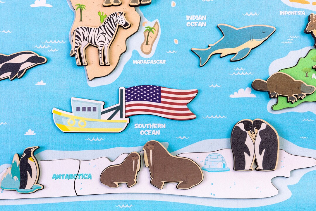 Wooden World Map Puzzle for Kids, Preschool Geography Busy Board ...